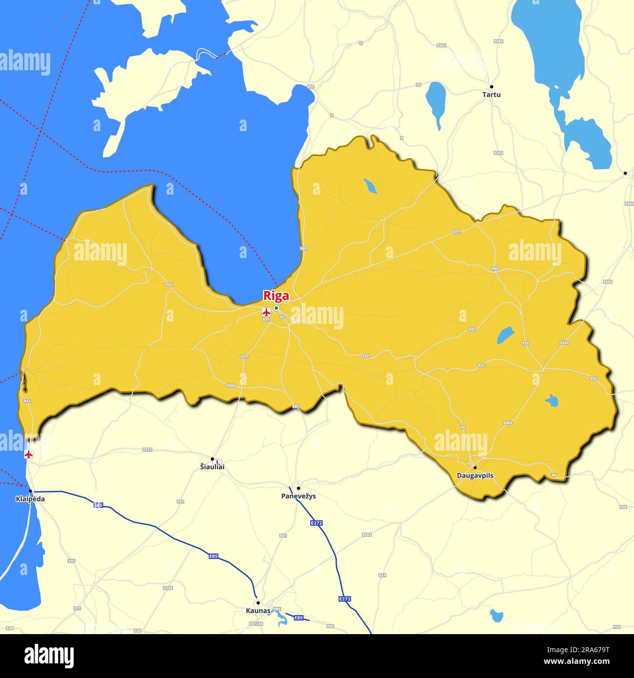 Map of Latvia with main roads and highways Stock Photo - Alamy