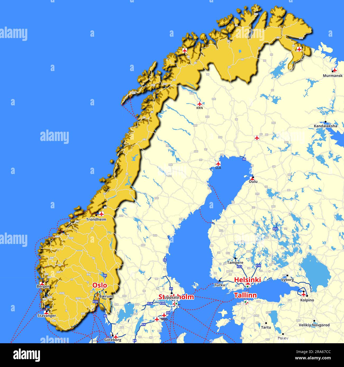 Map of Norway with main roads and highways Stock Photo - Alamy