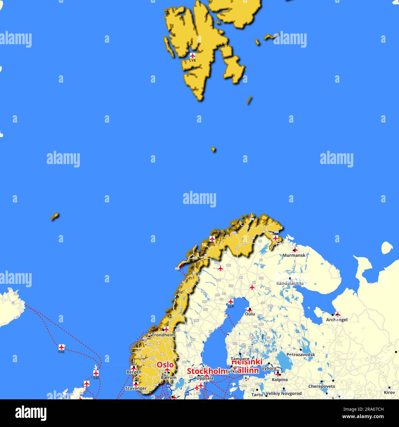 Map of Norway with main roads and highways Stock Photo - Alamy