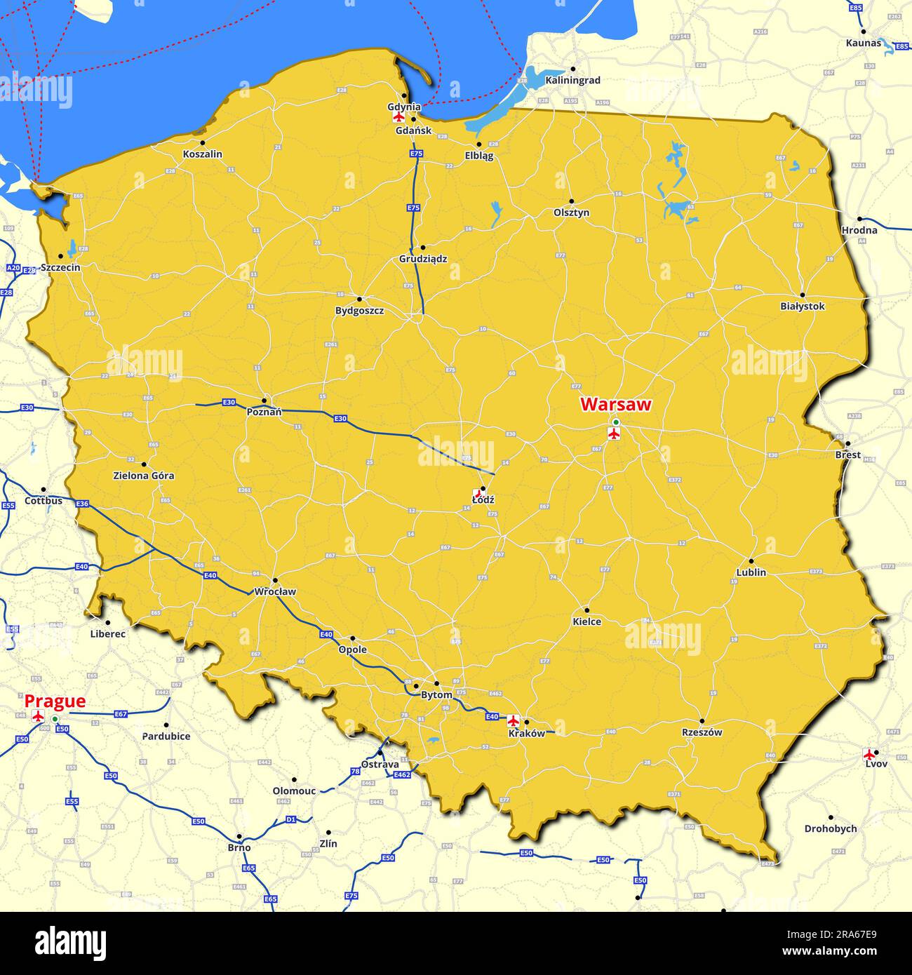 Map of Poland with main roads and highways Stock Photo - Alamy