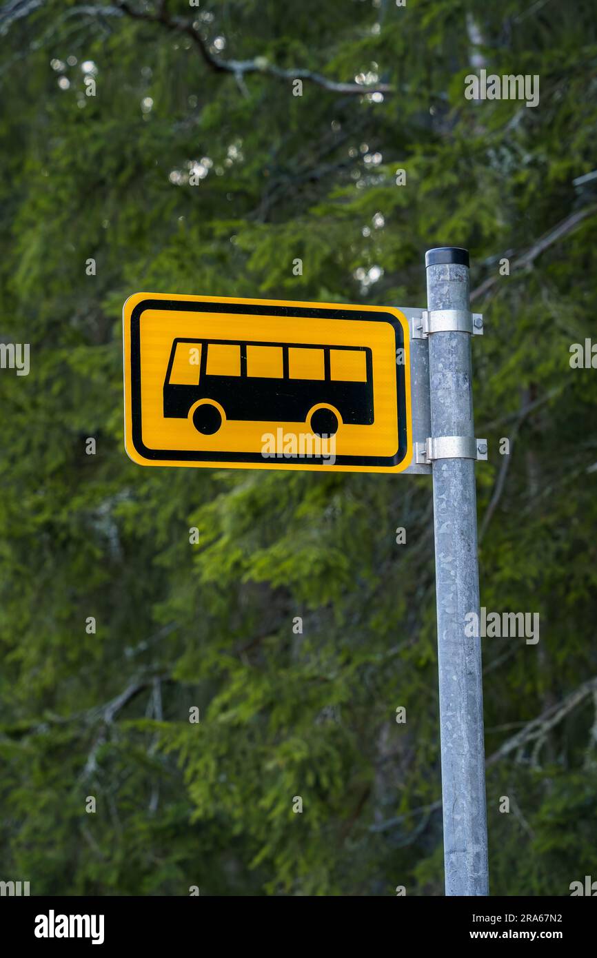 Yellow local bus stop sign in Finland, with green pine trees in the ...