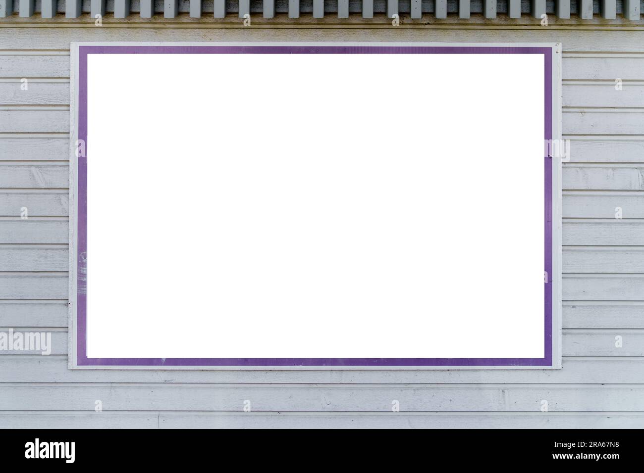 Empty white billboard with violet border on a white wooden wall Stock ...