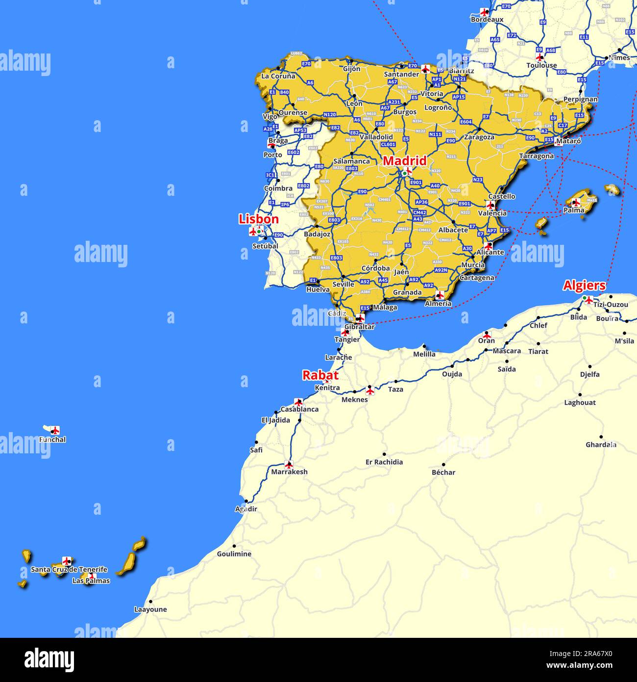 Map of Spain with main roads and highways Stock Photo - Alamy