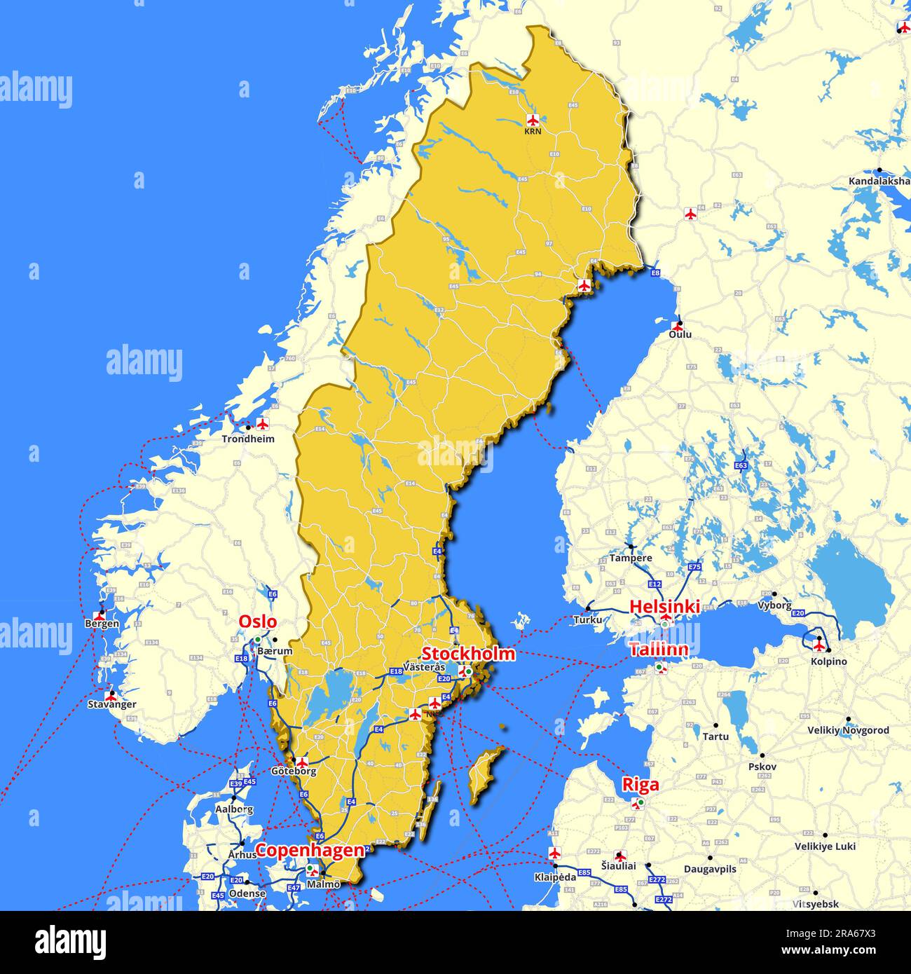 Map of Sweden with main roads and highways Stock Photo - Alamy