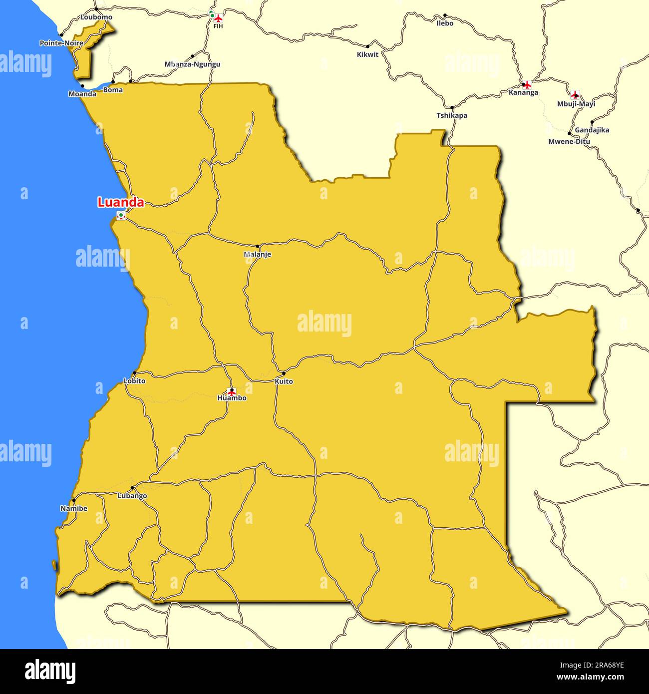 Map of Angola with main roads and highways Stock Photo - Alamy