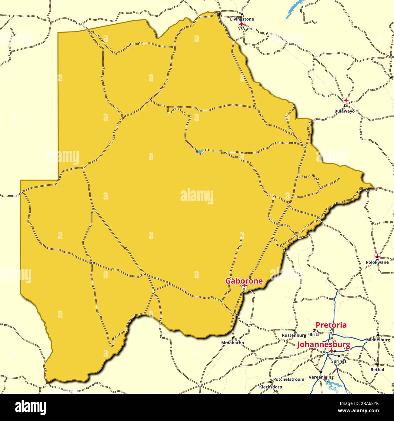 Map of Botswana with main roads and highways Stock Photo - Alamy