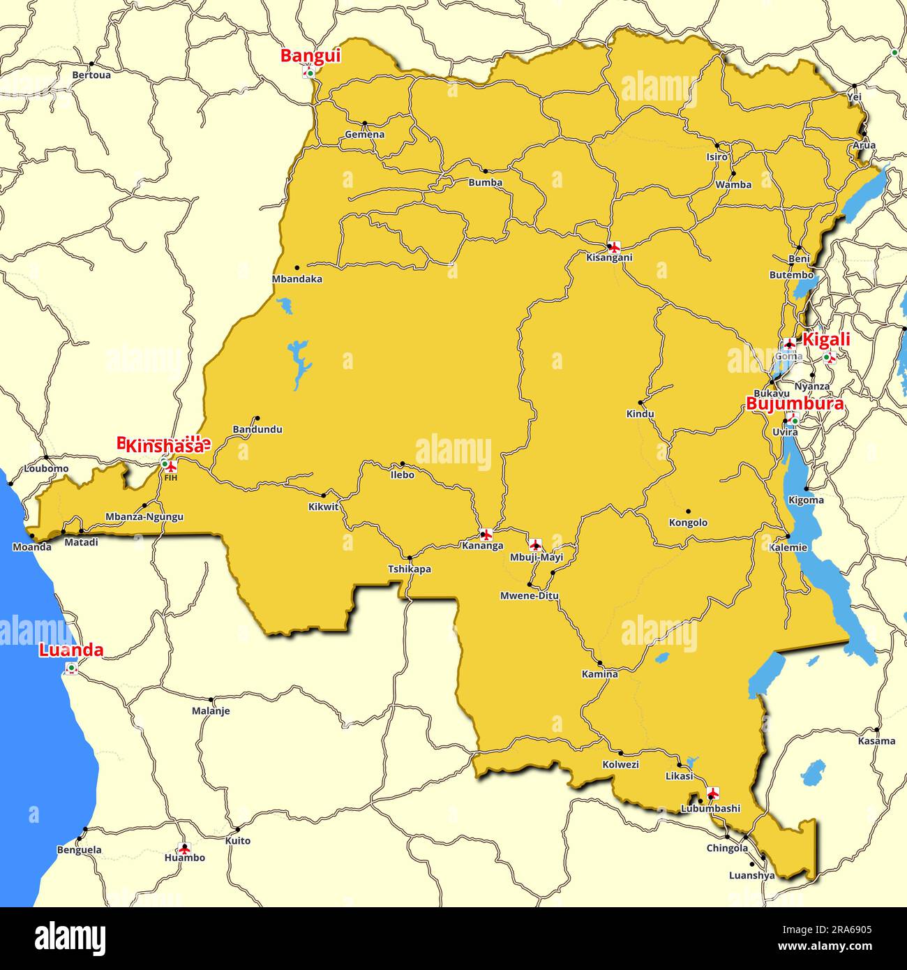 Map of Democratic Republic of the Congo with main roads and highways ...