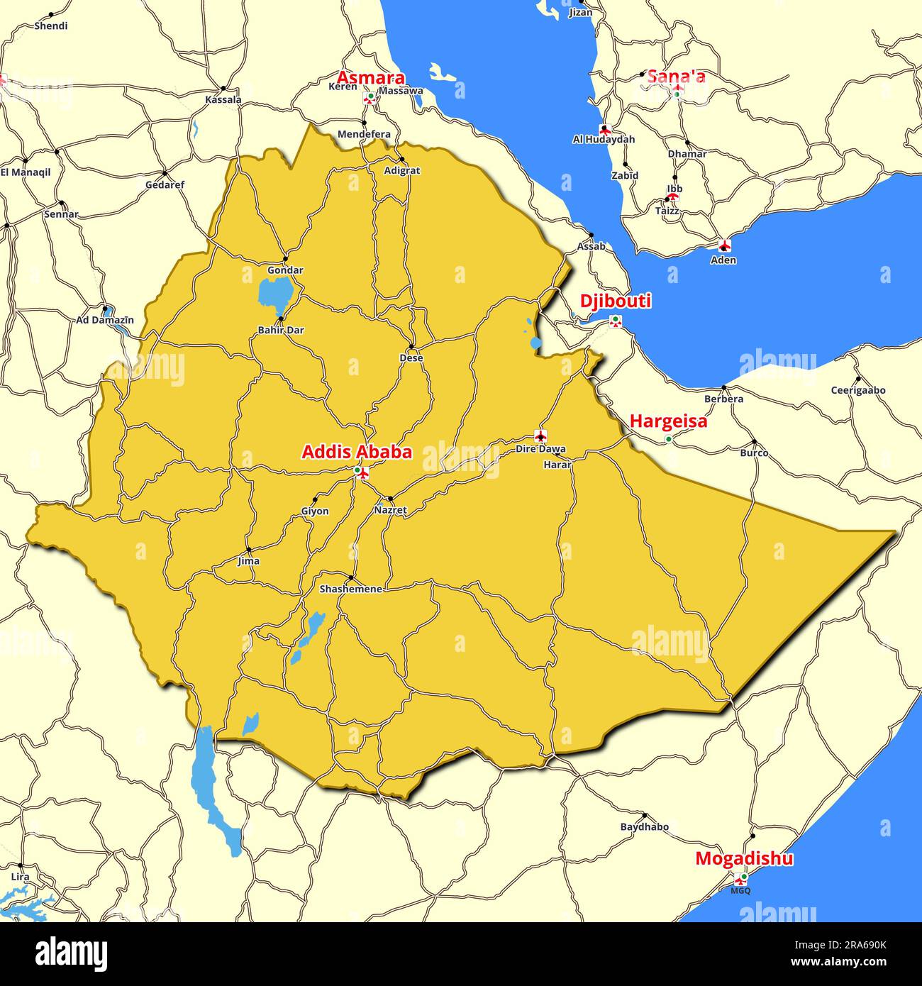 Map of Ethiopia with main roads and highways Stock Photo - Alamy