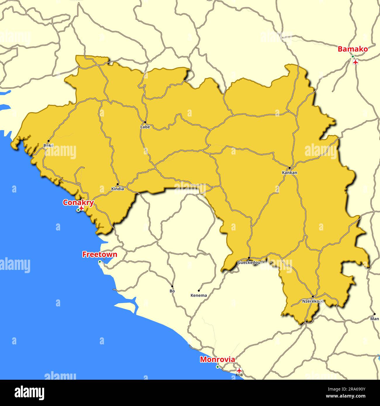 Map of Guinea with main roads and highways Stock Photo - Alamy