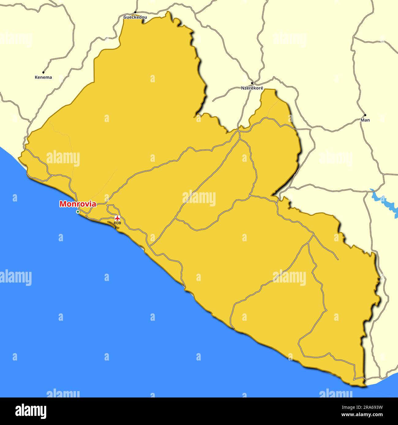 Map of Liberia with main roads and highways Stock Photo - Alamy