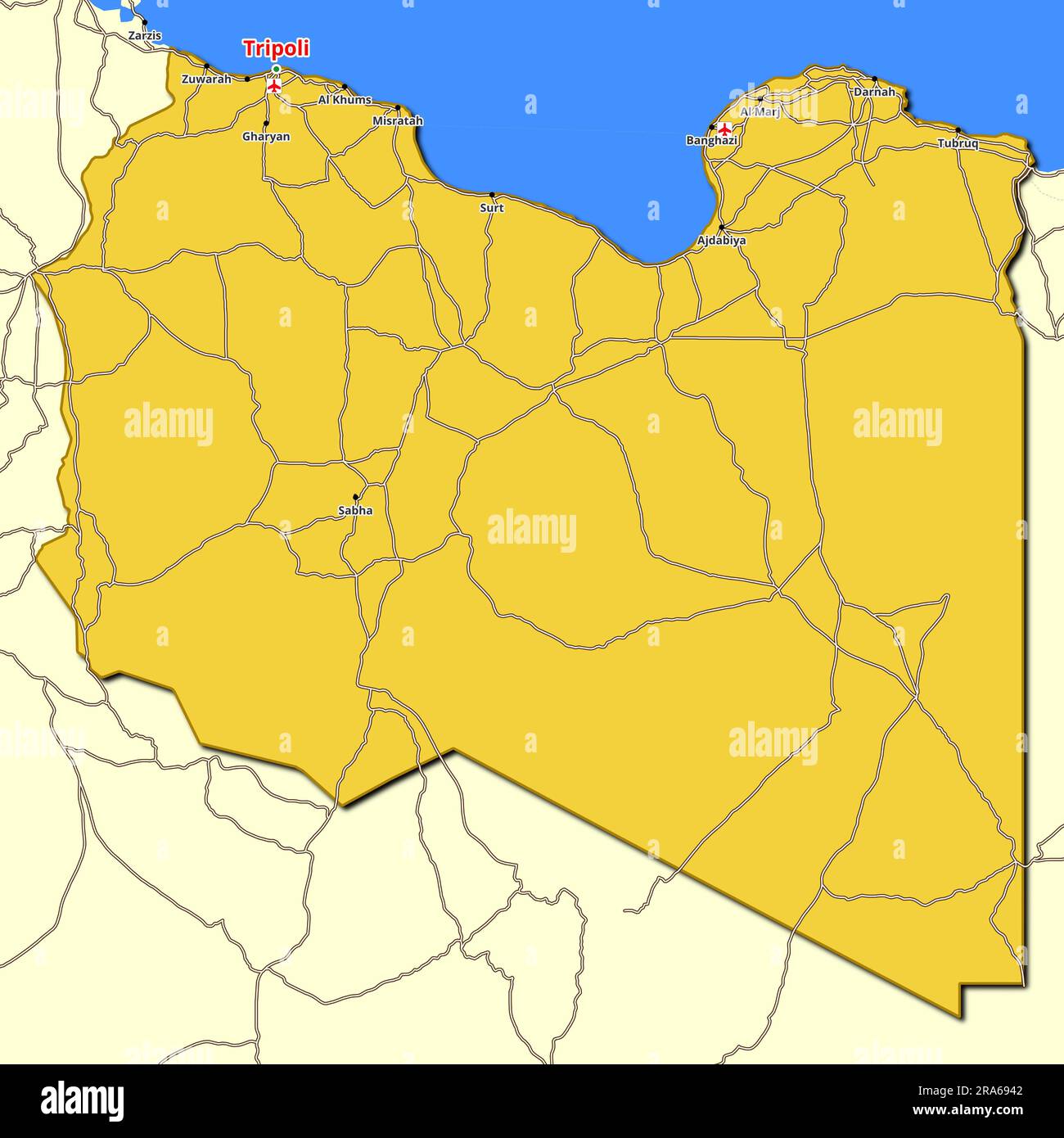 Map of Libya with main roads and highways Stock Photo - Alamy