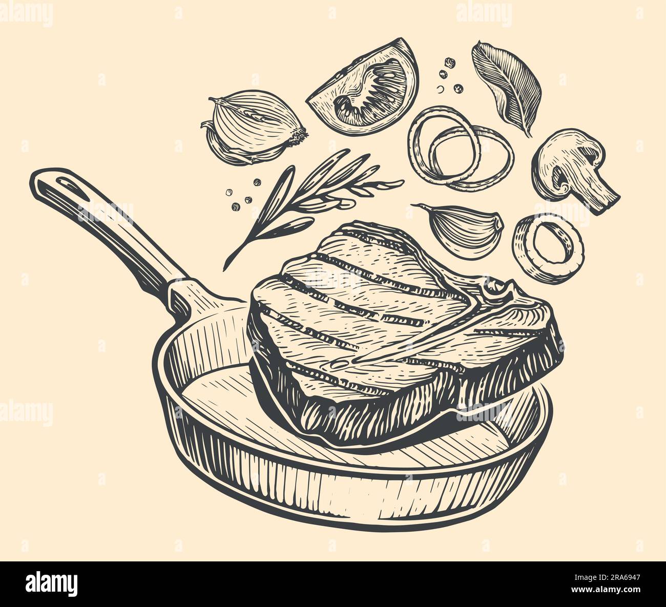 Cooking beef steak with spices and vegetables in a frying pan. Grill ...