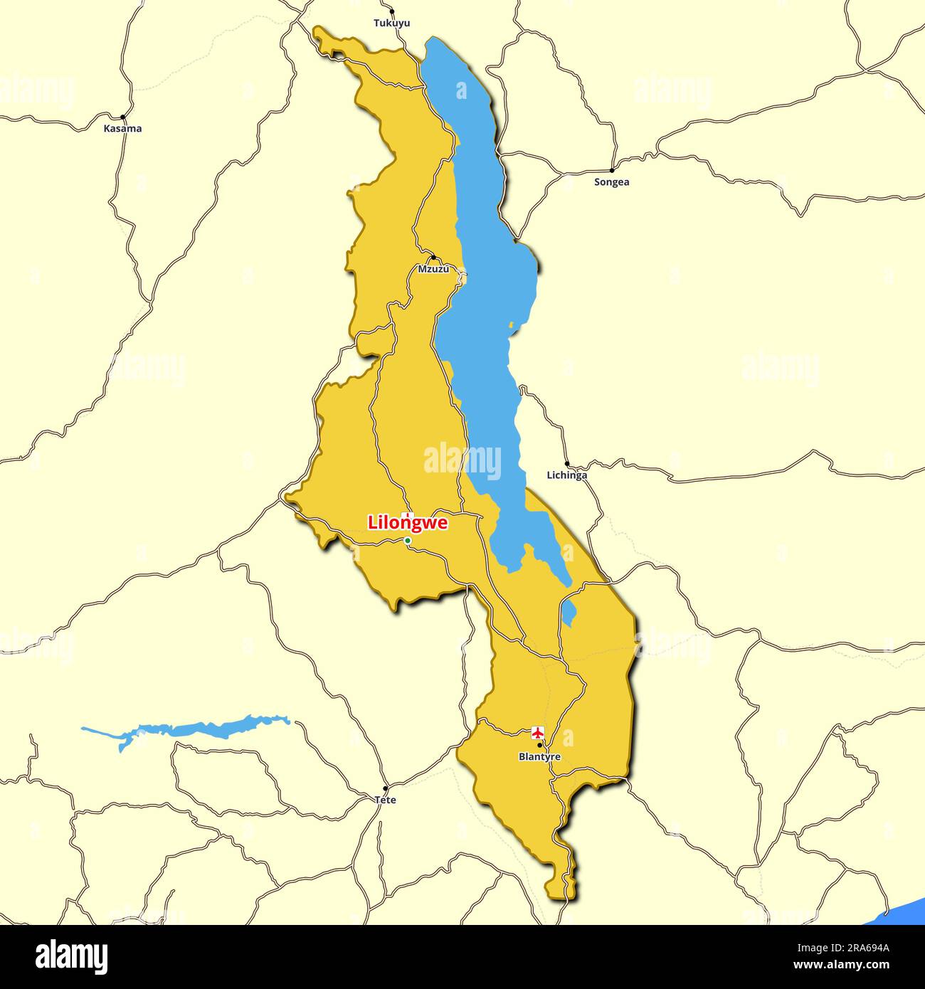 Map of Malawi with main roads and highways Stock Photo - Alamy