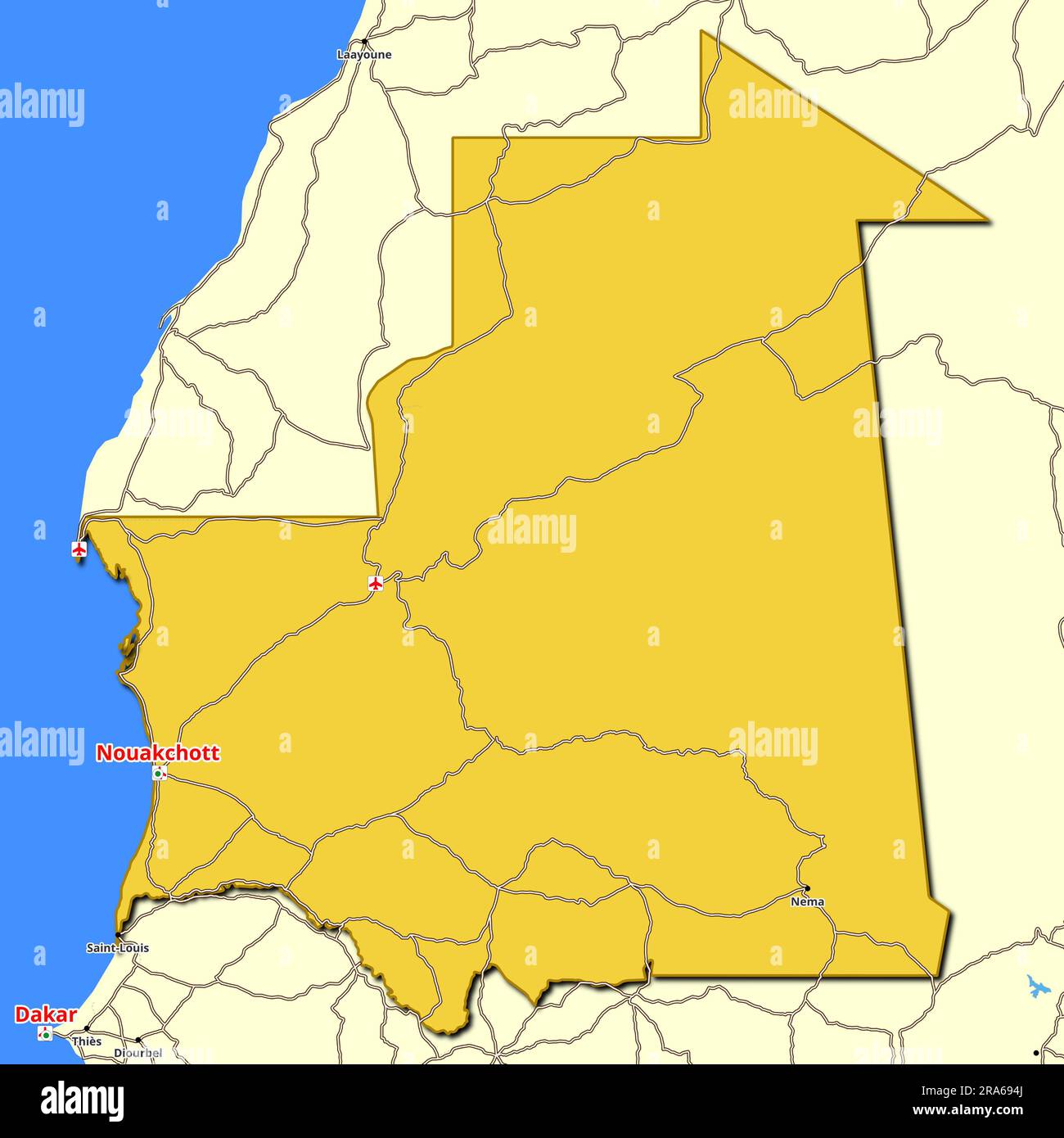 Map of Mauritania with main roads and highways Stock Photo - Alamy