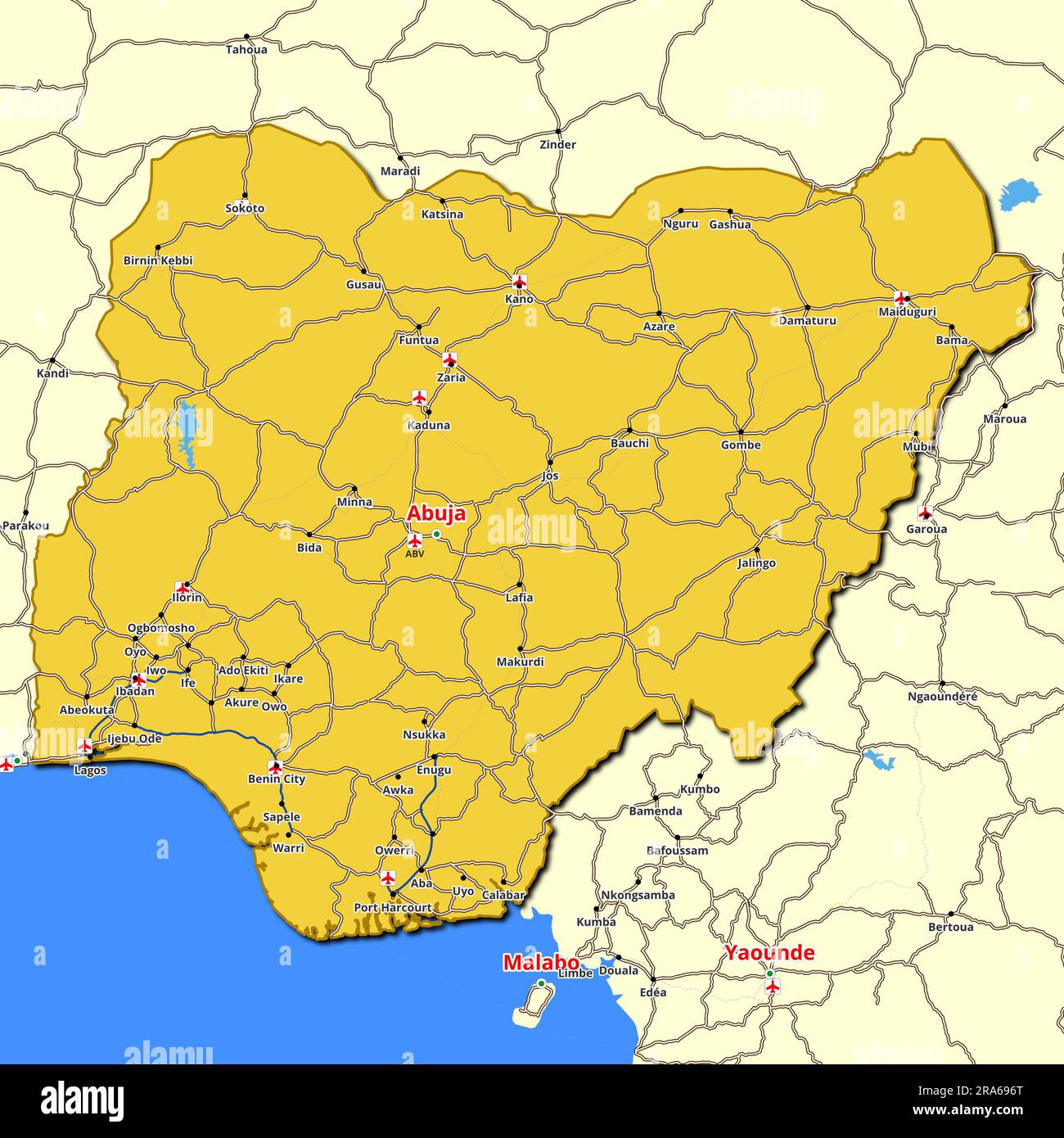 Map of Nigeria with main roads and highways Stock Photo - Alamy