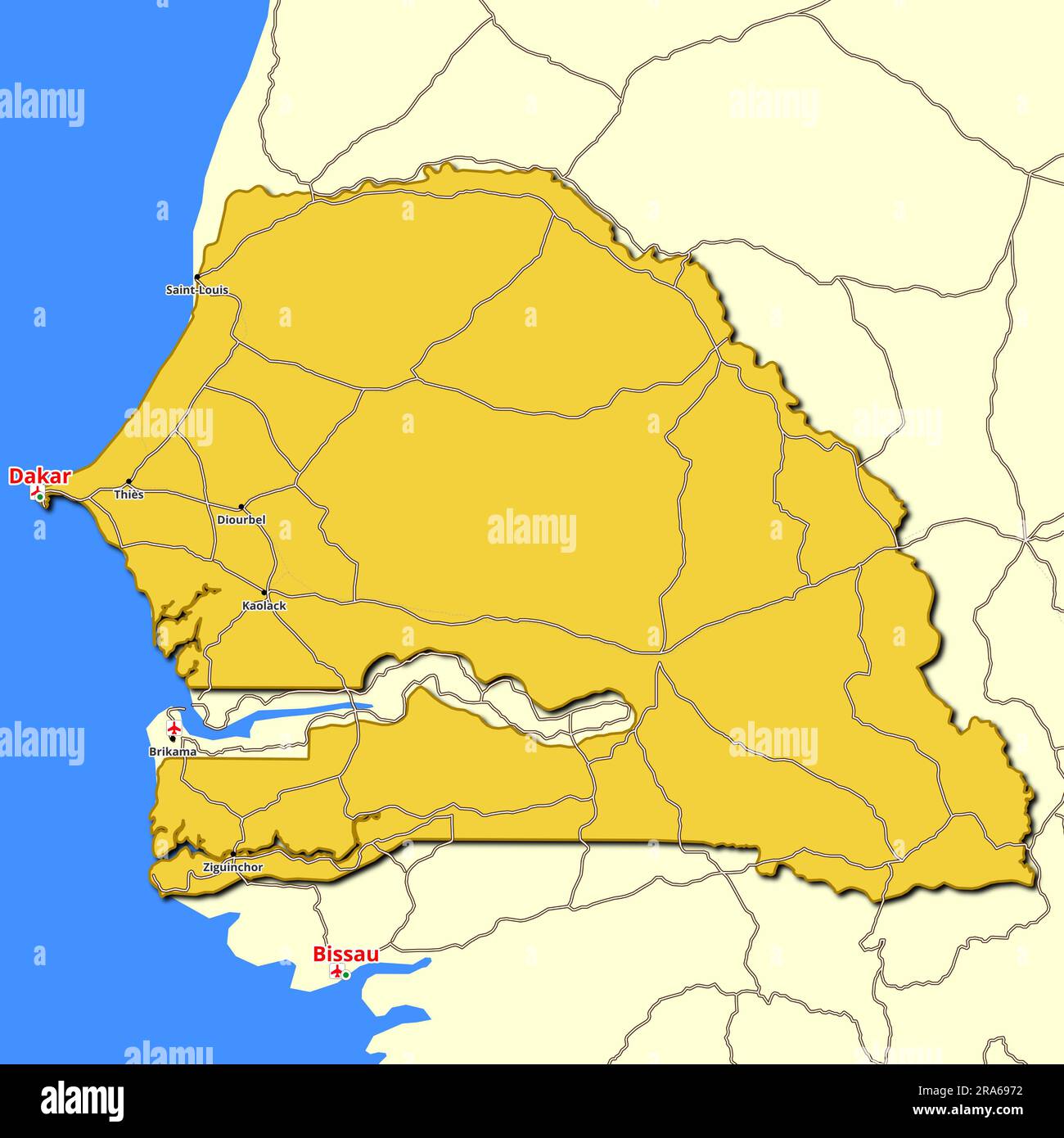 Map of Senegal with main roads and highways Stock Photo - Alamy