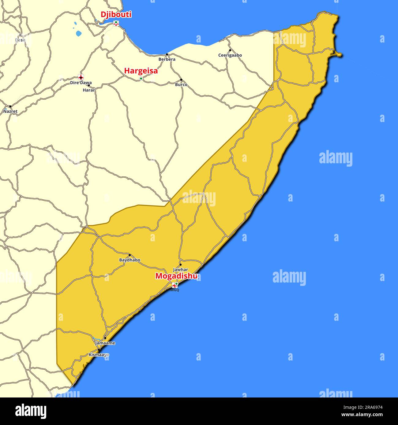 Map of Somalia with main roads and highways Stock Photo - Alamy