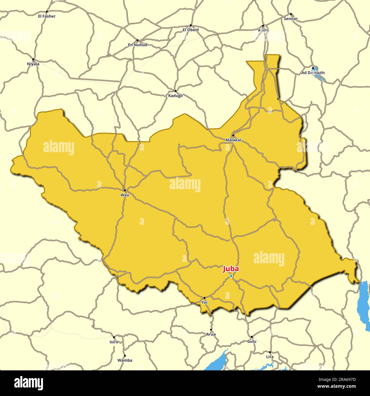 Map of South Sudan with main roads and highways Stock Photo - Alamy
