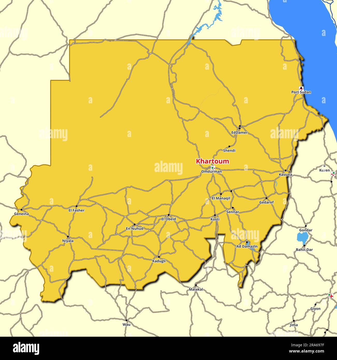 Map of Sudan with main roads and highways Stock Photo - Alamy