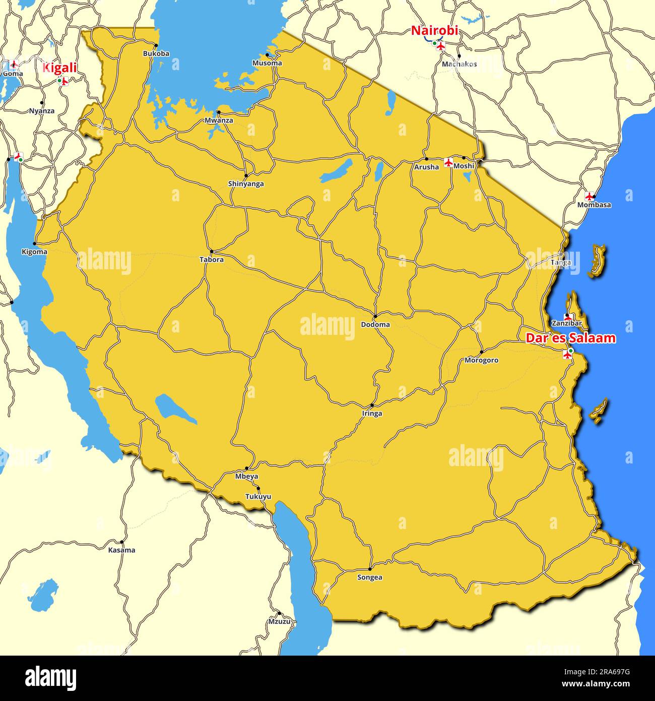 Map of Tanzania with main roads and highways Stock Photo - Alamy