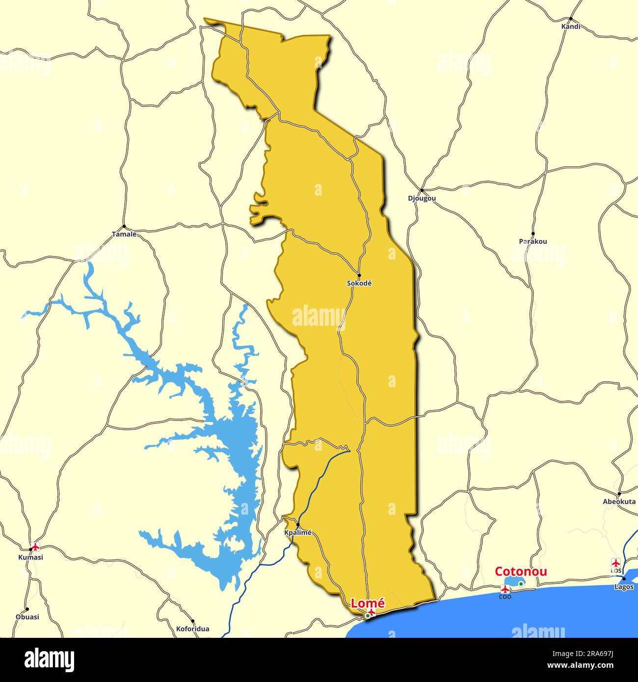 Map of Togo with main roads and highways Stock Photo - Alamy