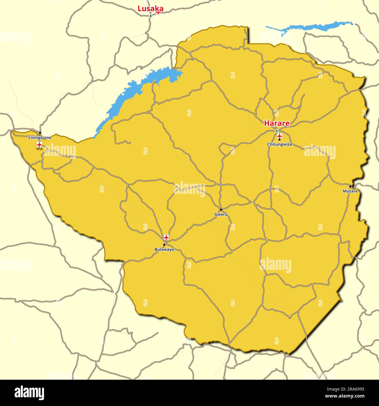 Map of Zimbabwe with main roads and highways Stock Photo - Alamy
