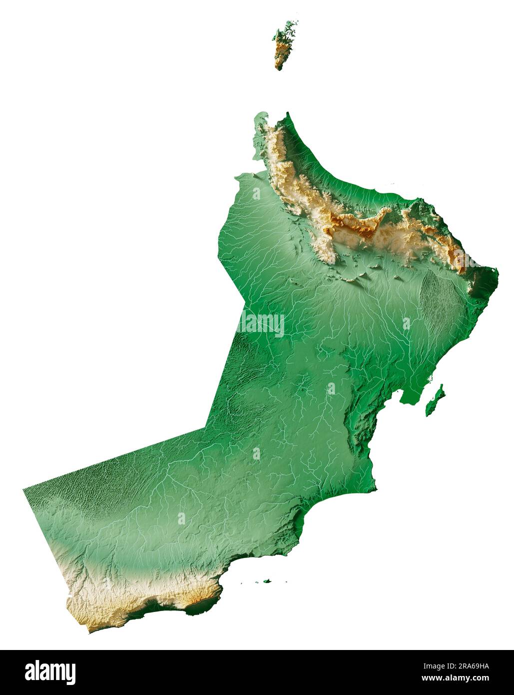 Oman. Highly detailed 3D rendering of shaded relief map with rivers and lakes. Colored by ...