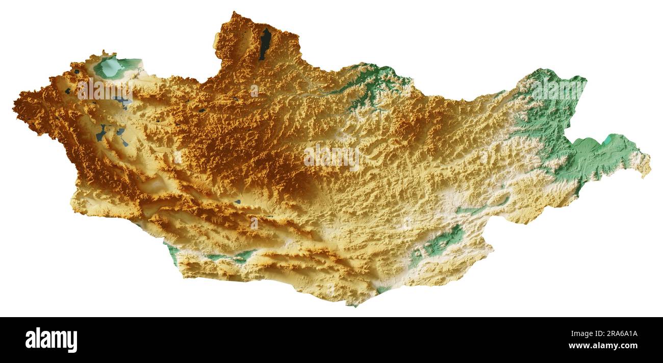 Mongolia. Highly detailed 3D rendering of shaded relief map with rivers and lakes. Colored by ...