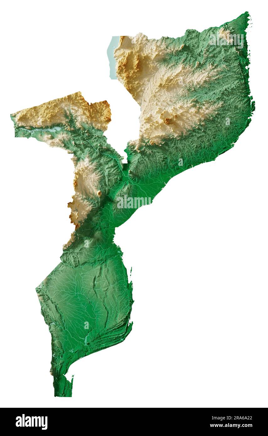 Mozambique. Highly detailed 3D rendering of shaded relief map with ...