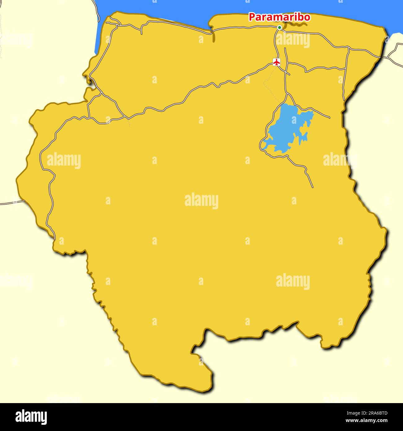 Detailed map of Suriname featuring the major roads and highways ...