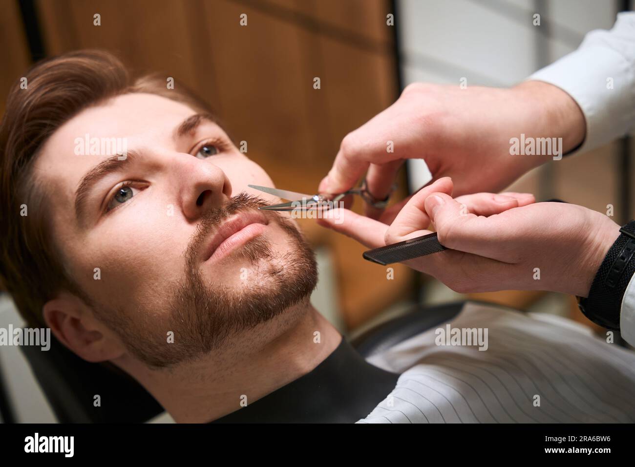 Experienced barber at work grooming client's beard and mustache Stock Photo - Alamy