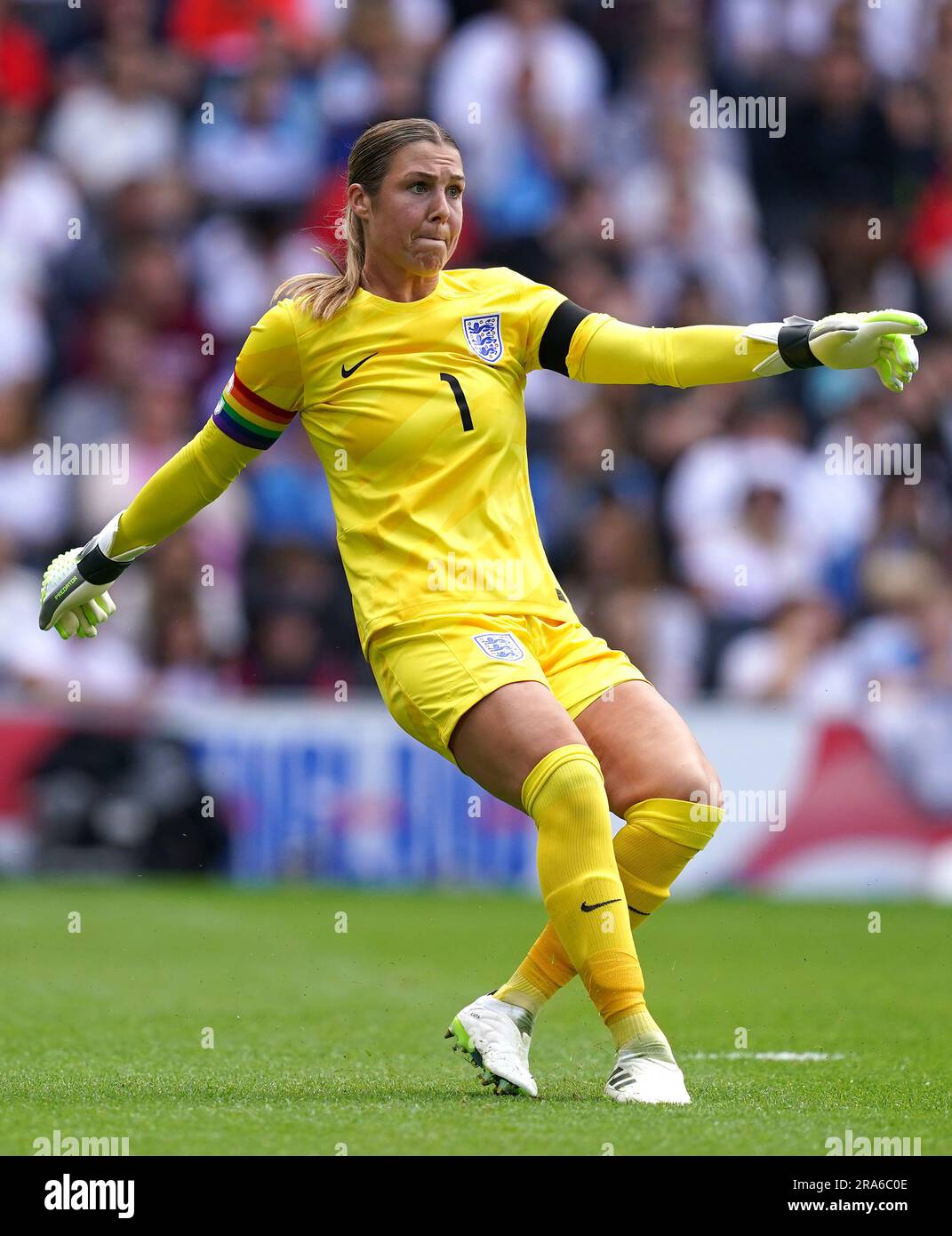 England goalkeeper Mary Earps clears the ball during a Women's international friendly match at ...