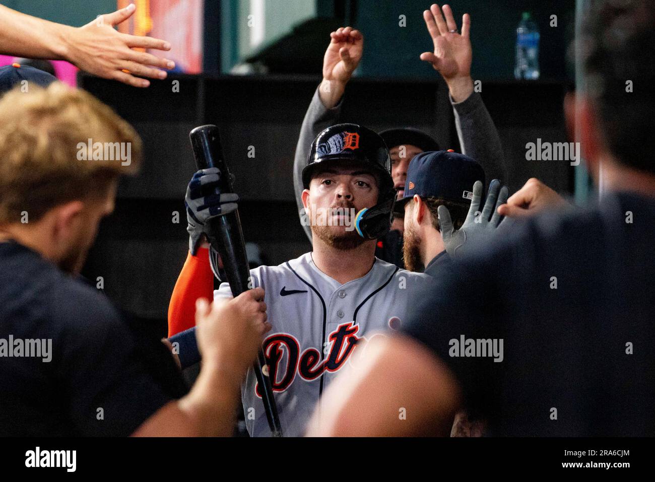 Detroit Tigers catcher Jake Rogers (34) high fives teammates after ...