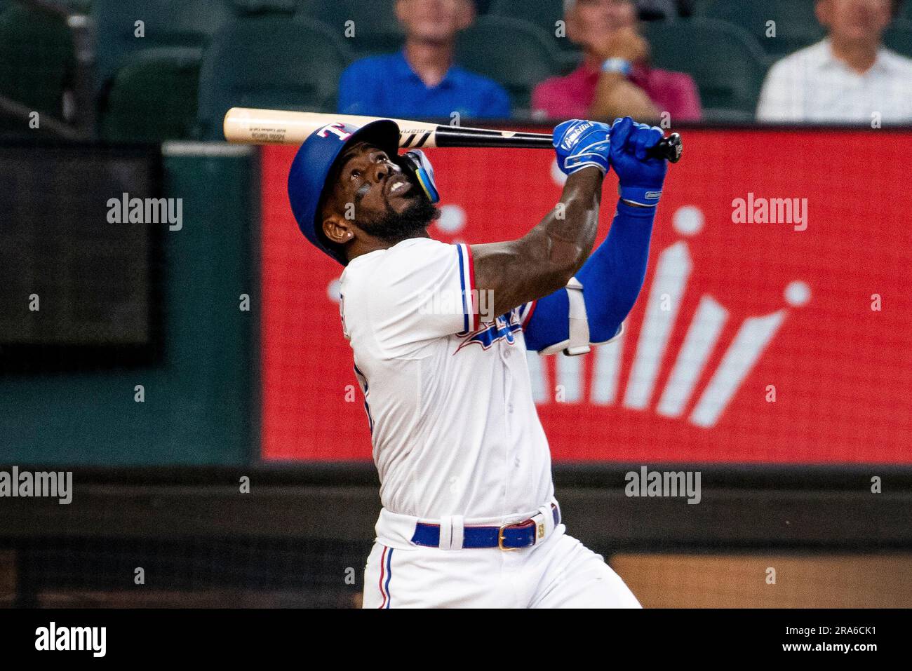 Texas Rangers right fielder Adolis Garcia (53) swings at a pitch in the ...