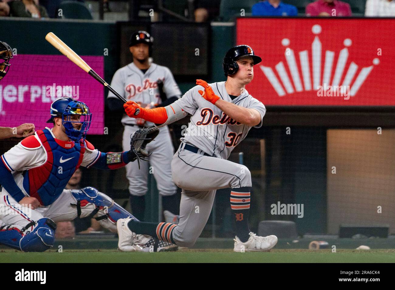 Detroit Tigers right fielder Kerry Carpenter (30) swings at a pitch in ...