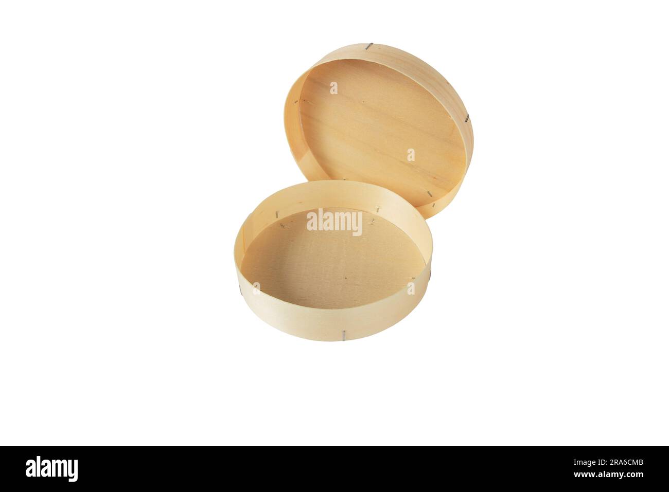 Round wooden low cheese box isolated on white. Opened lid Stock Photo ...