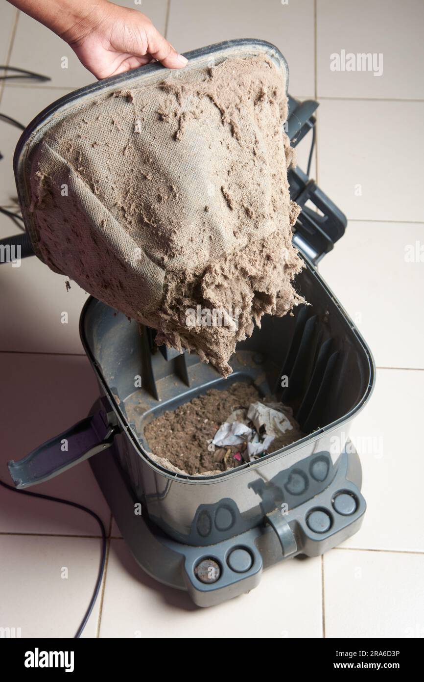 hand holding dirty dust filter of vacuum cleaner, service household ...