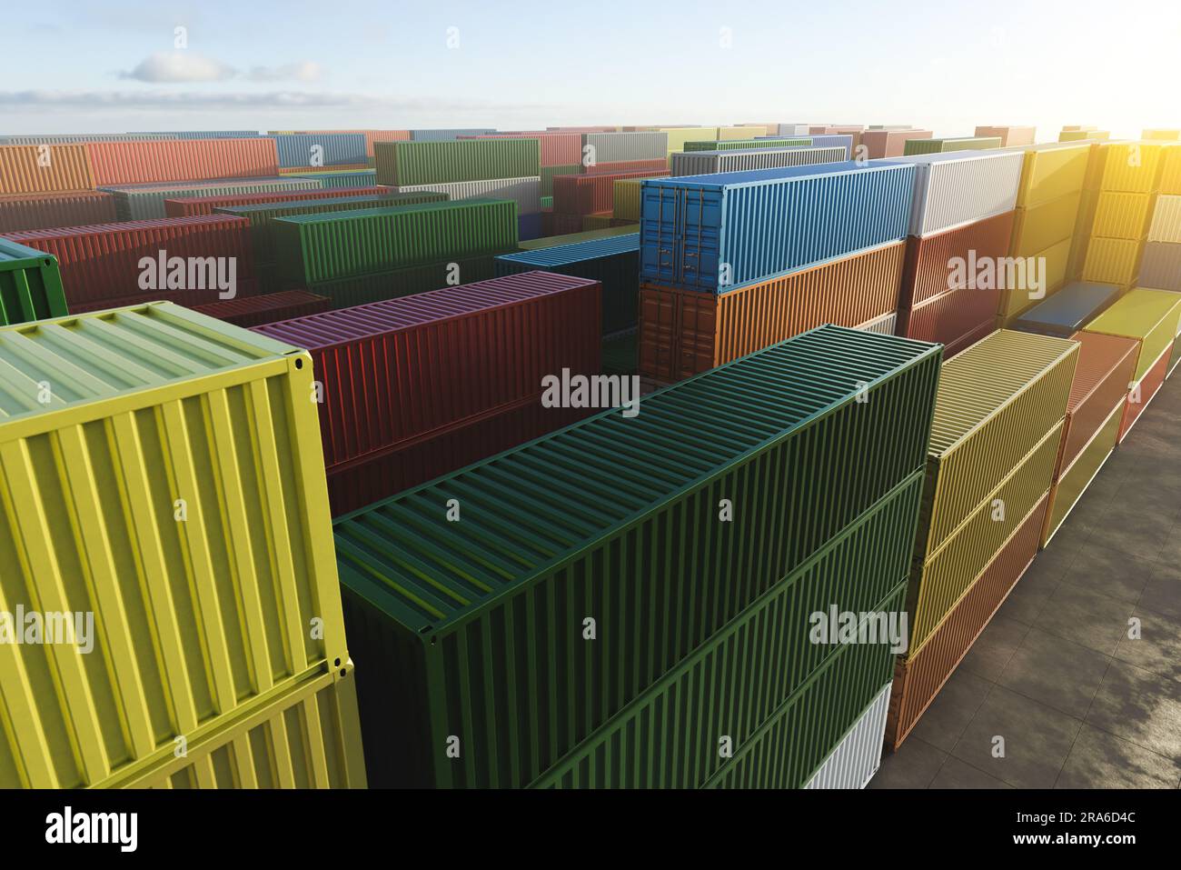 Cargo containers of different colors in the fog, top view Stock Photo ...