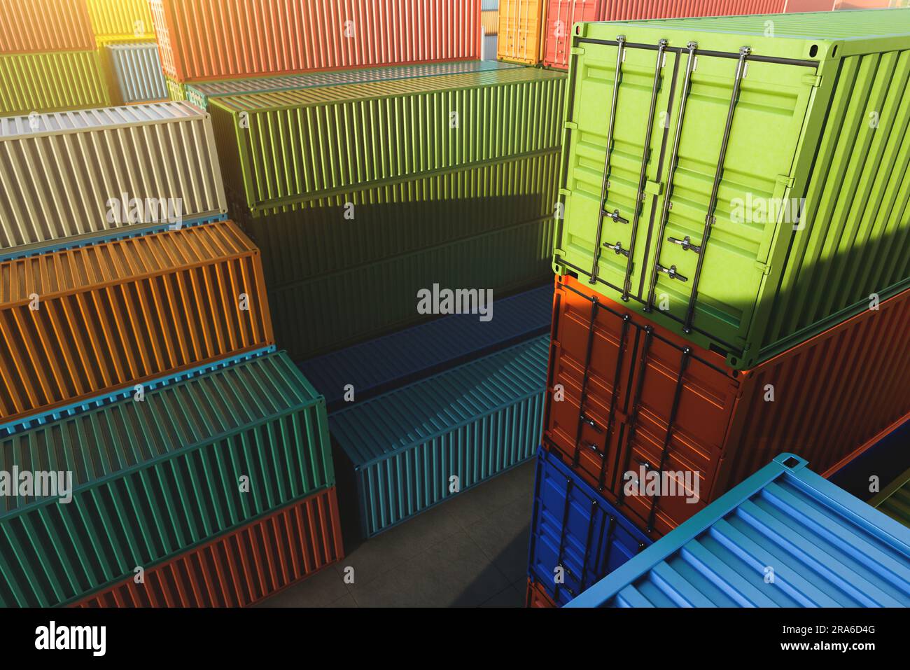 Cargo containers of different colors in the fog, at sunset Stock Photo ...