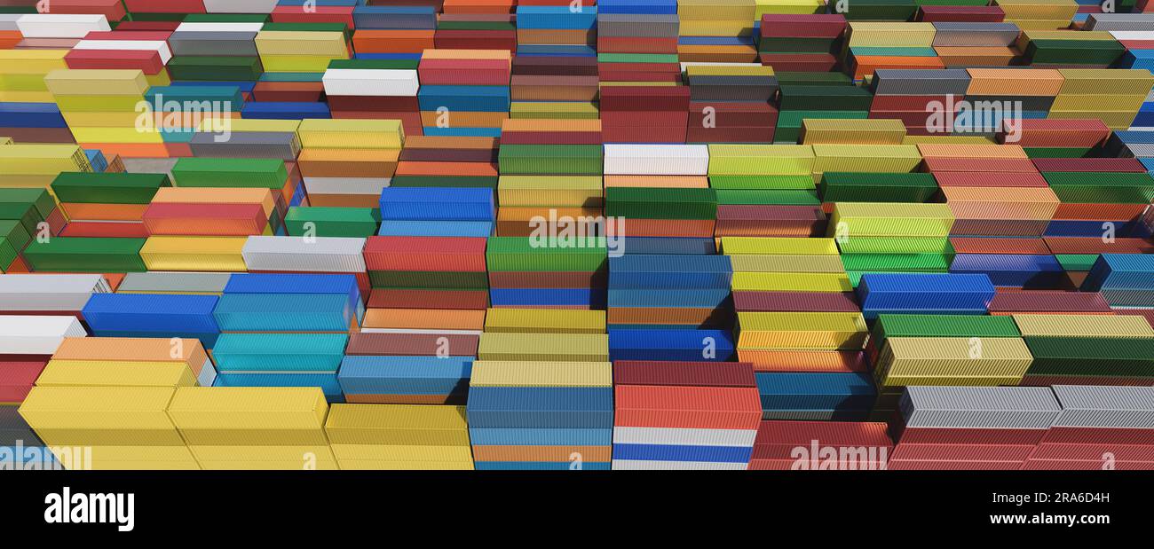 Cargo industrial containers stacked in rows of different colors for ...