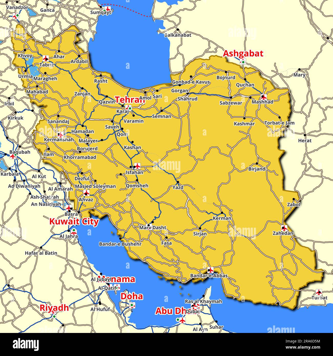 Country map of Iran featuring the major roads and highways spanning across the state Stock Photo ...