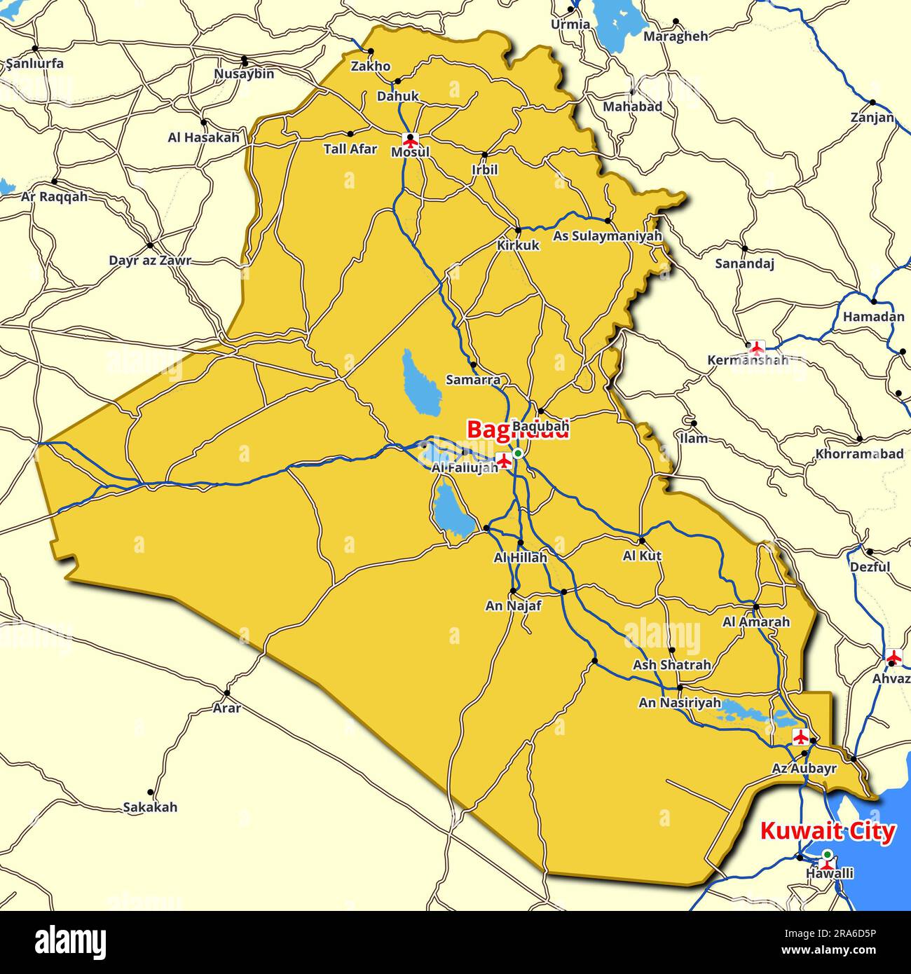 Country map of Iraq featuring the major roads and highways spanning ...