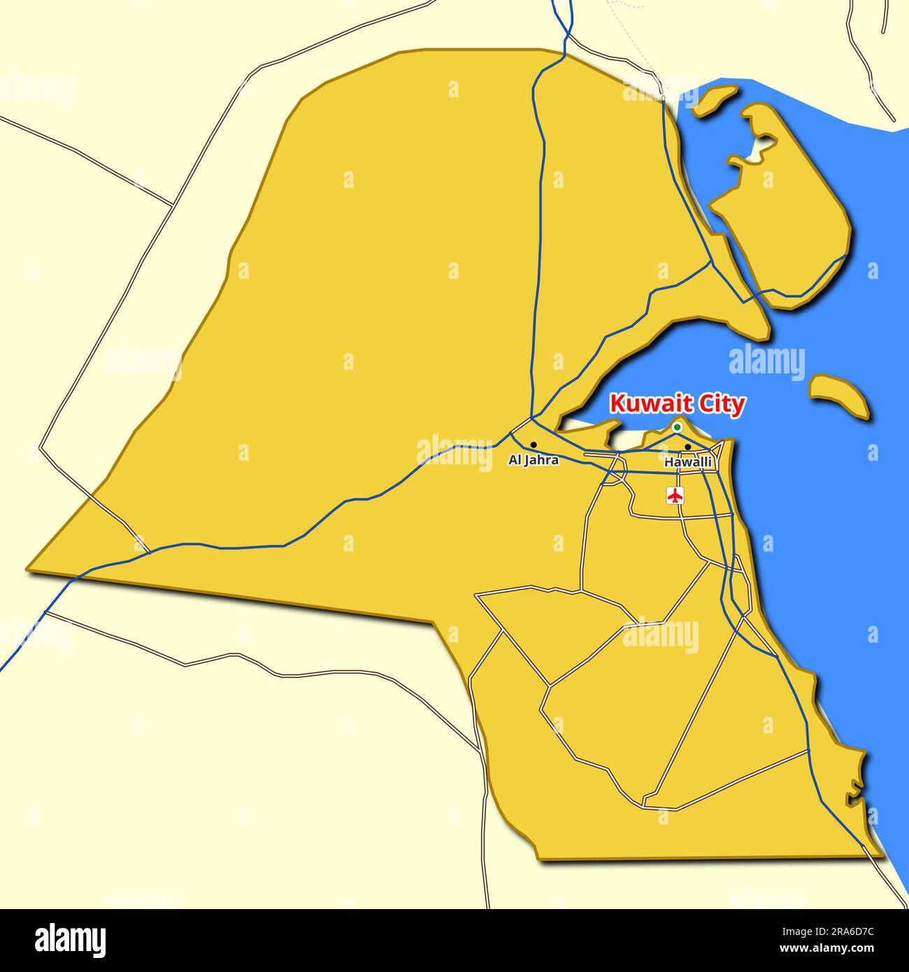 Country map of Kuwait featuring the major roads and highways spanning across the state Stock ...