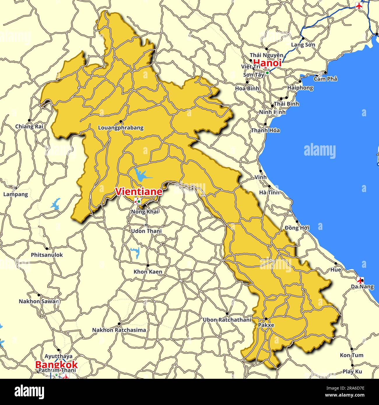 Country map of Laos featuring the major roads and highways spanning ...