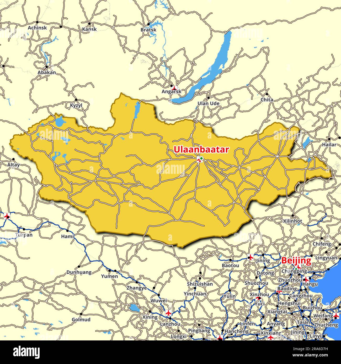 Country map of Mongolia featuring the major roads and highways spanning ...