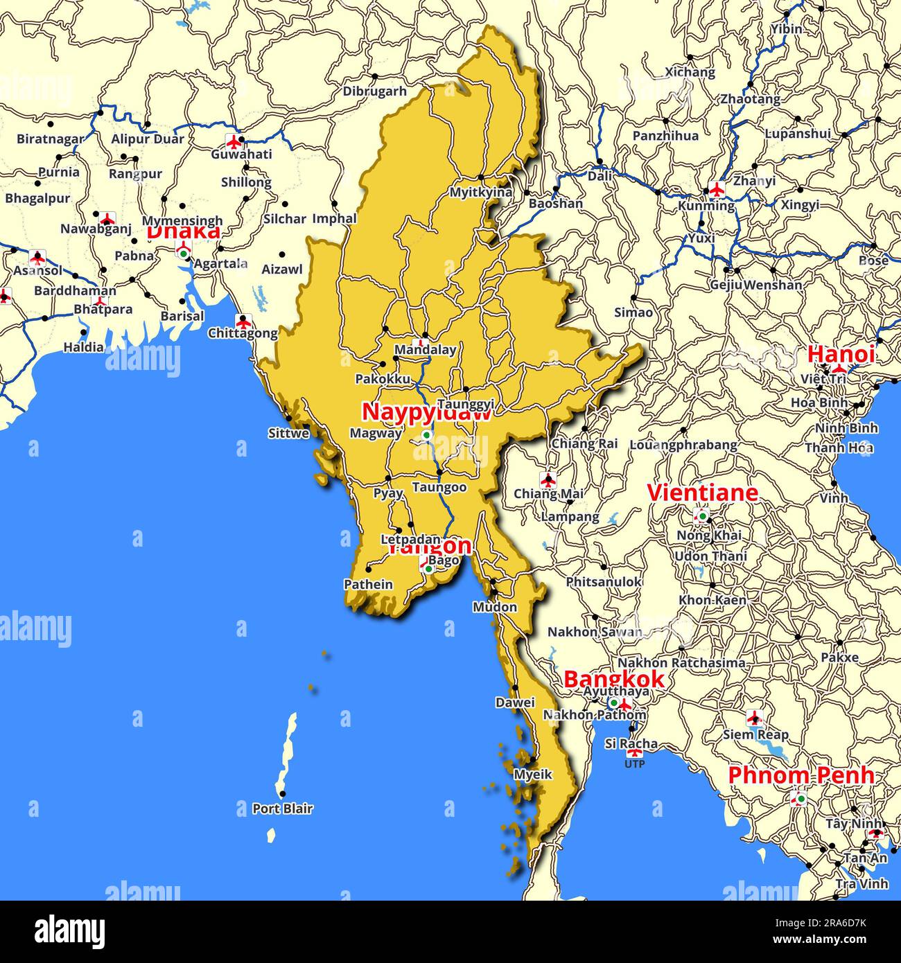 Country map of Myanmar featuring the major roads and highways spanning across the state Stock ...