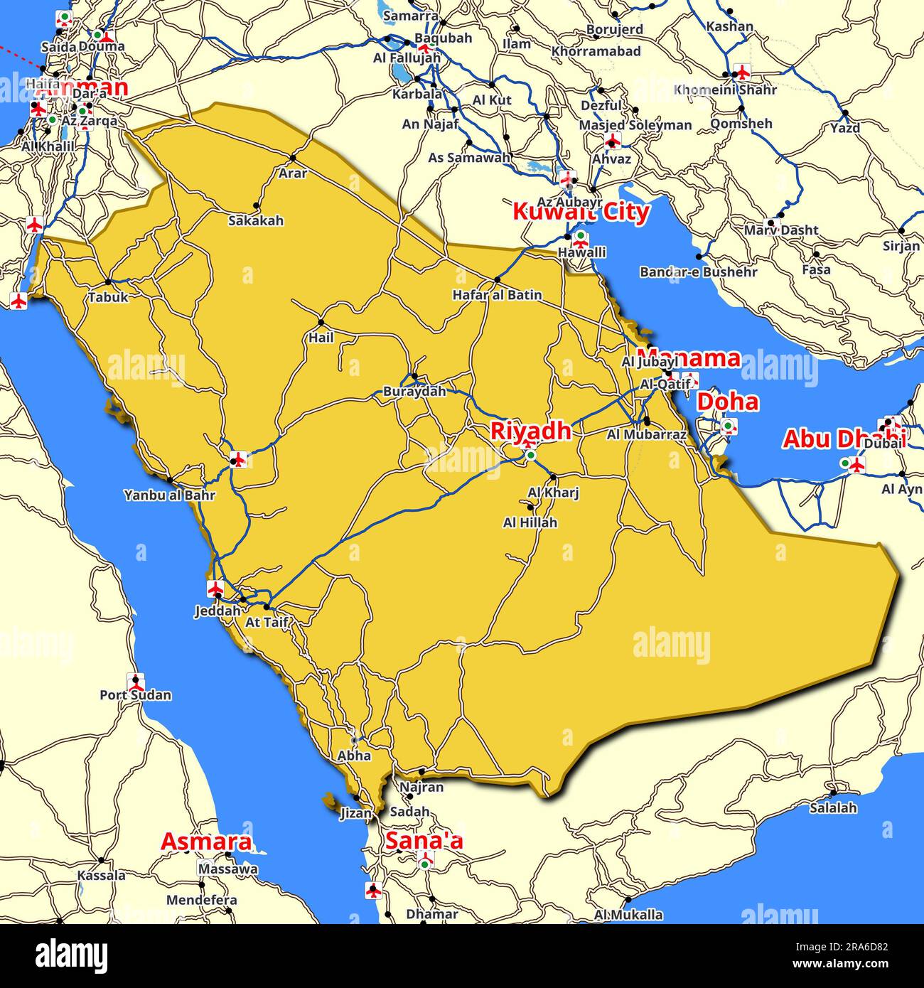 Country map of Saudi Arabia featuring the major roads and highways ...