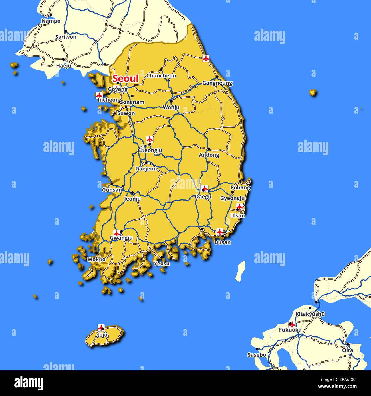 Country map of South Korea featuring the major roads and highways ...