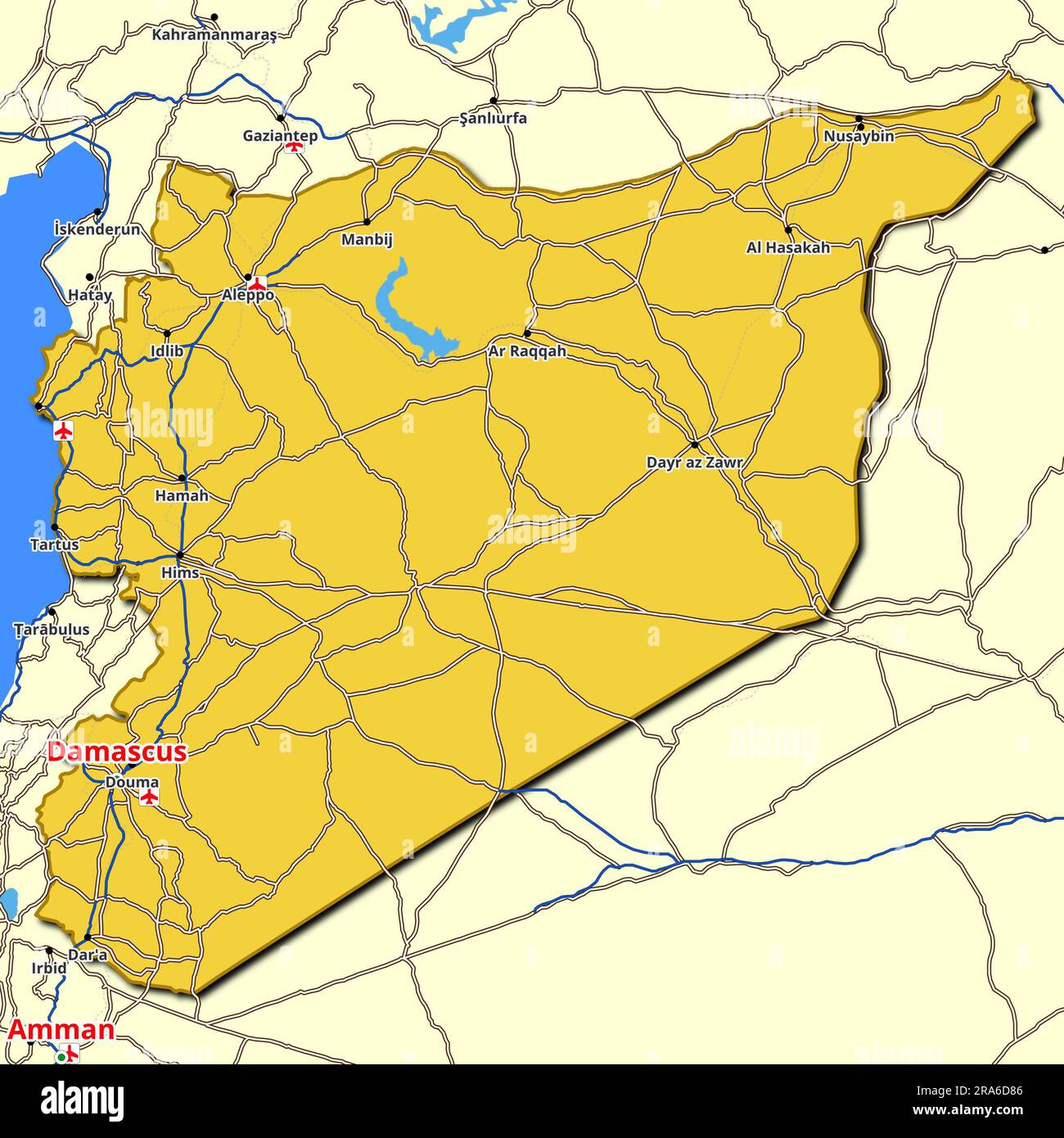 Country map of Syria featuring the major roads and highways spanning ...