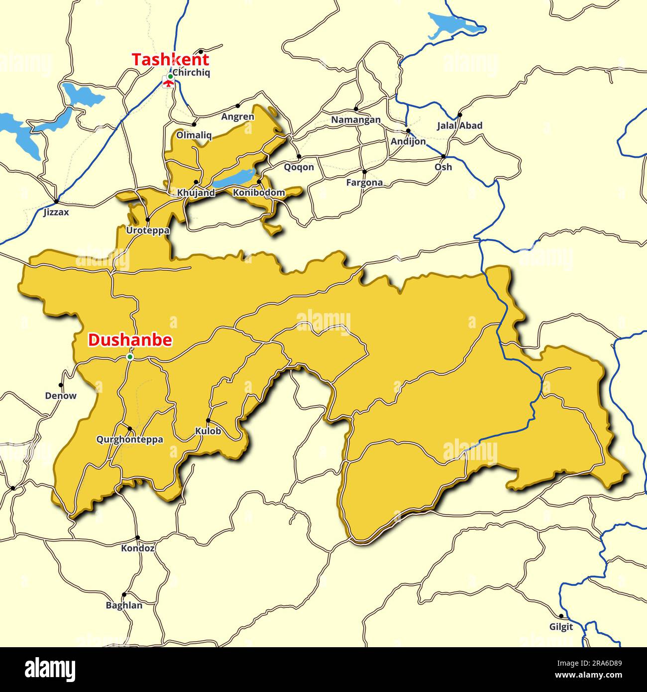 Country map of Tajikistan featuring the major roads and highways ...